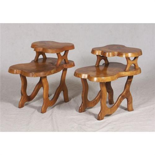 PAIR HAWAIIAN MONKEY POD STEP END TABLES MODERN