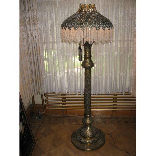 Syrian, beaded, pierced brass, lamp, 77" tall