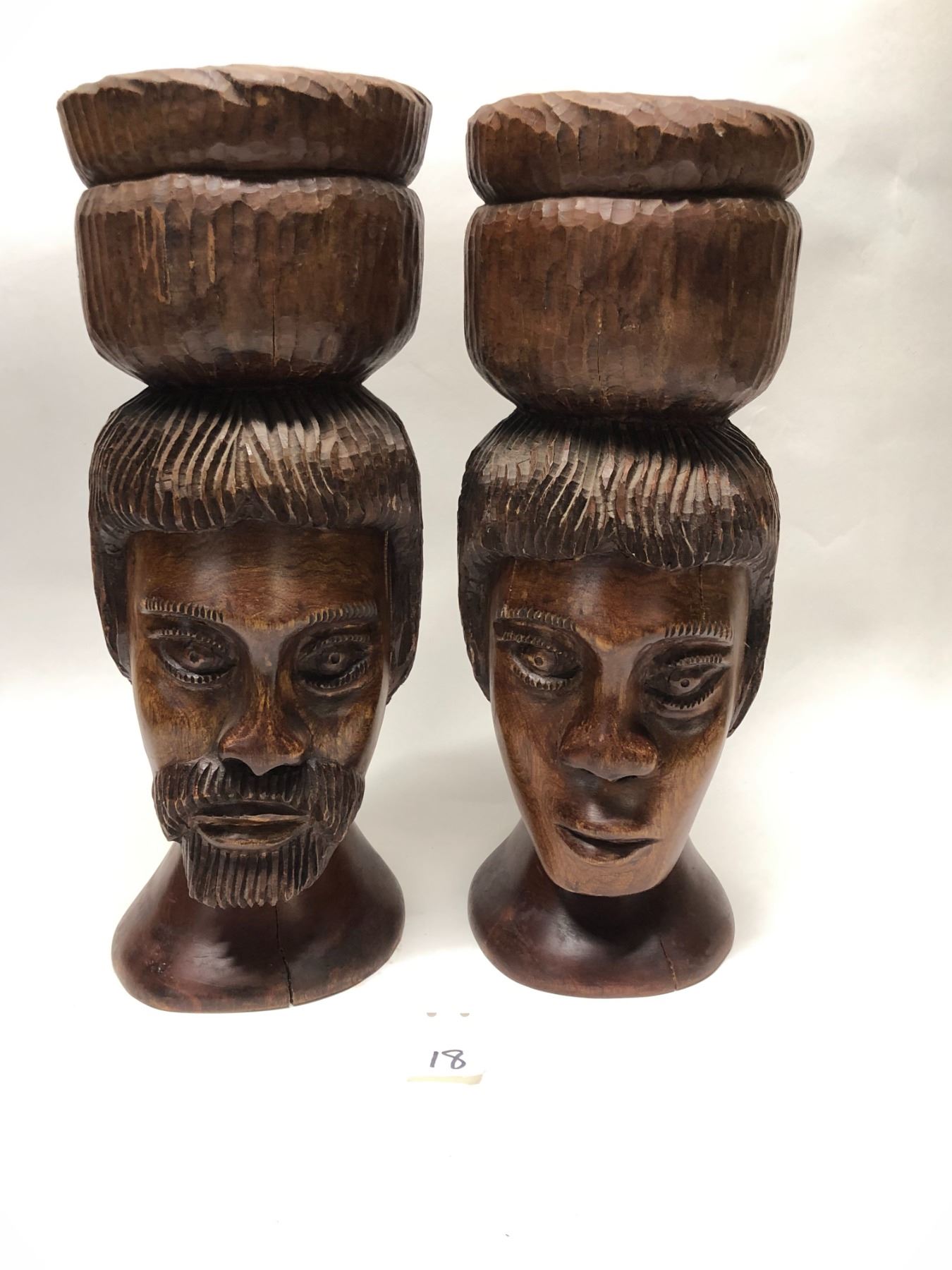 Pair of Tribal Wood Carvings 13" Signed: L. Mcfarlane Jamaica