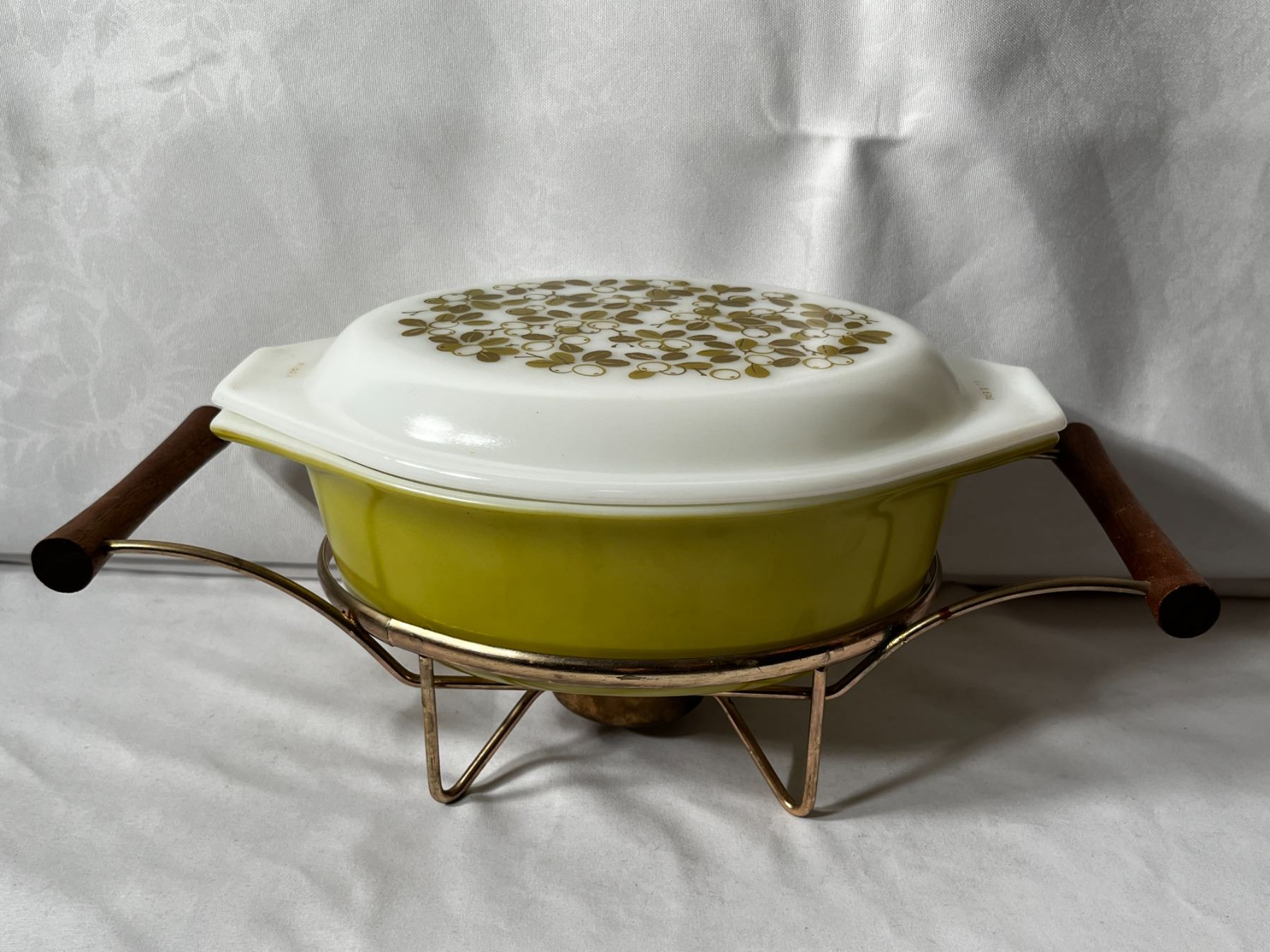 Vintage Pyrex Casserole Dish with candle warmer and cradle