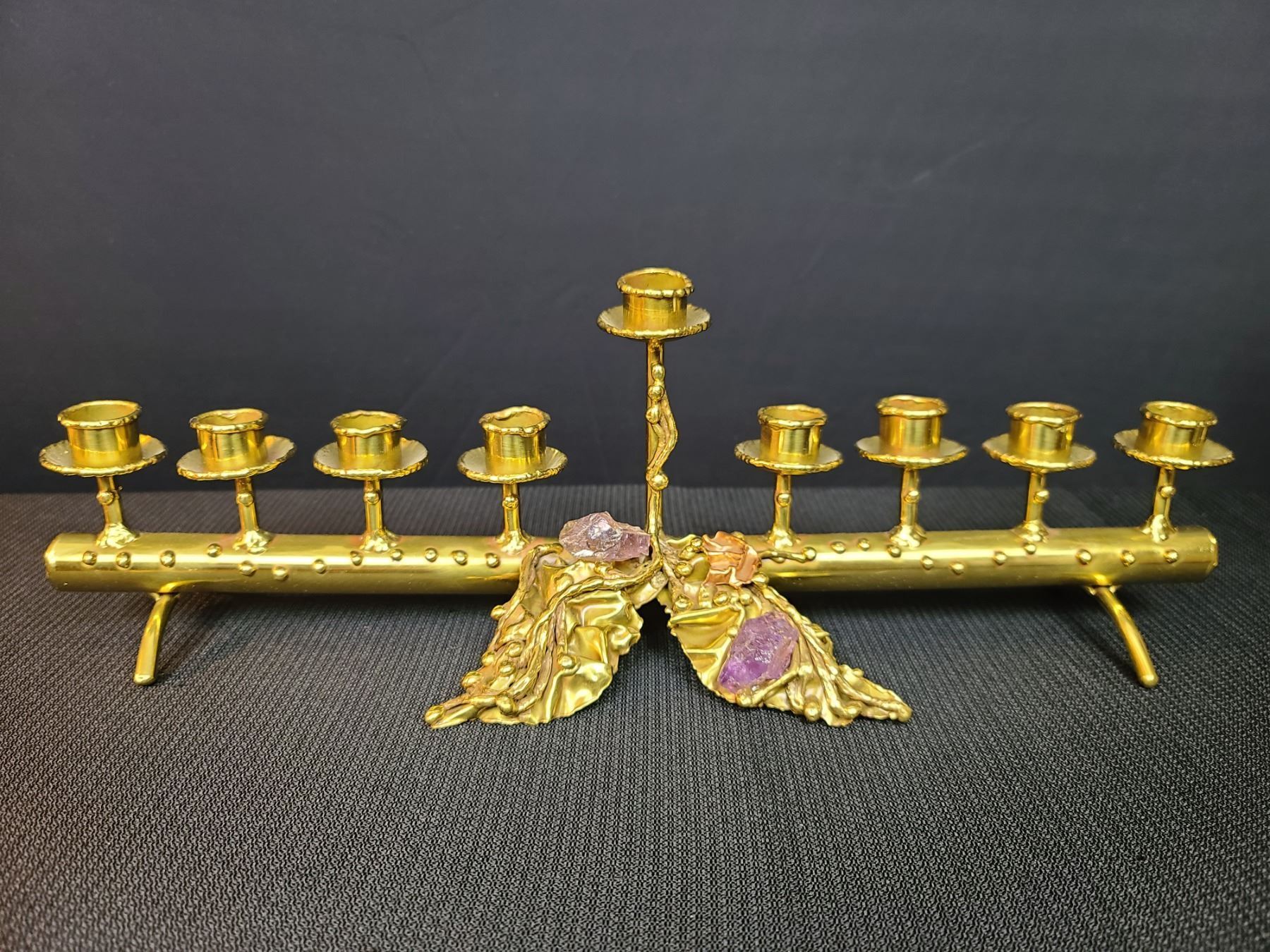 Israel Ornate Brass Menorah With Amethyst Specimens And Leaf Detail