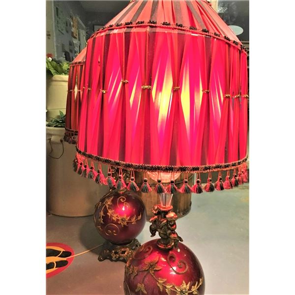TWO Vintage Red Lamps With Shade and Fringe, Large Parlour Lamps ...