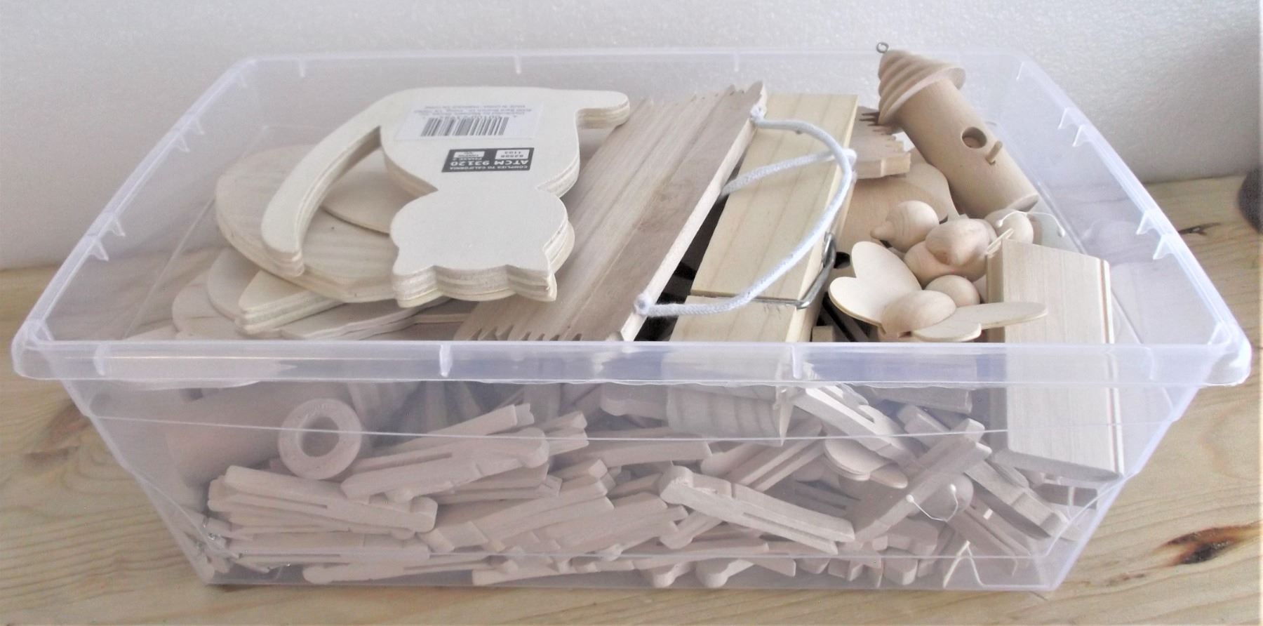 Shoebox Bin Full of Wooden Craft Items