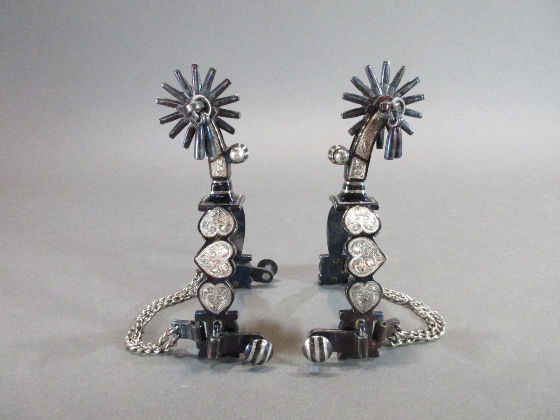 Marked Fleming Mexico Silver Inlaid Spurs- 1" Bands- 2.5" Shanks- 14 ...