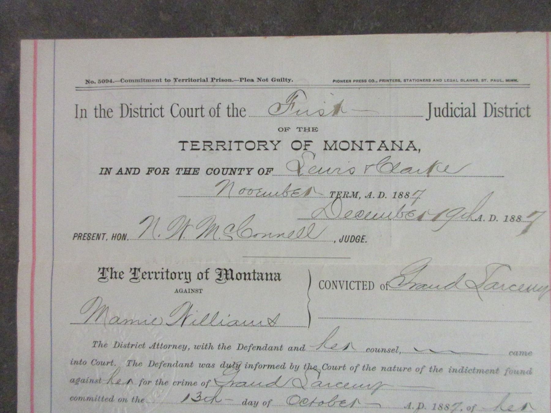 Original 1887 Montana Territorial Prison Sentence Document- Mamie ...