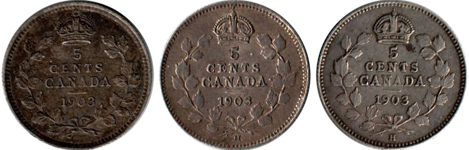 Canada 5 Cents Silver, Lot of 3 1903/1903H, all EF