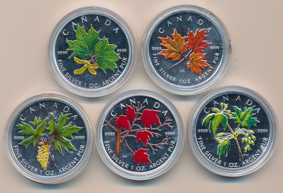 Canada Silver Maple Leaf with Colour; Lot of 5 coins