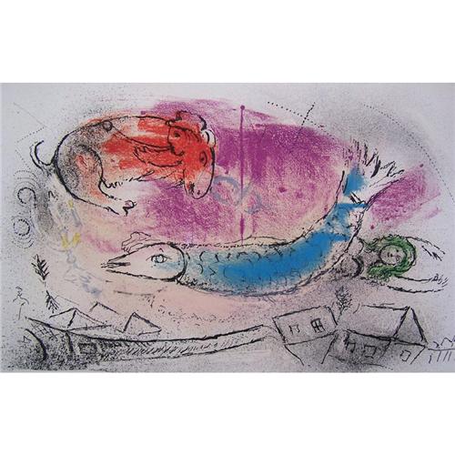 MARC CHAGALL H.Sig. Lithograph Blue Fish 1957