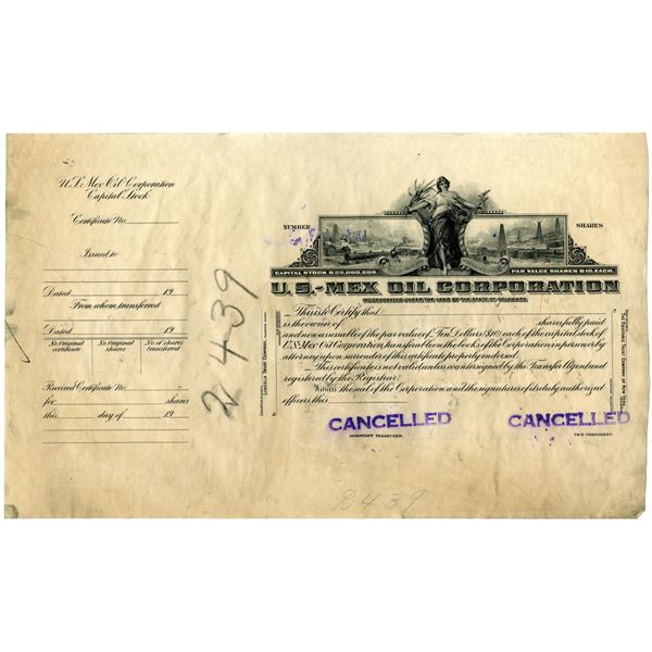 U S Mex Oil Corp 1910 1920 Progress Proof Stock Certificate u-s-mex-oil-corp-1910-1920-progress-proof-stock-certificate