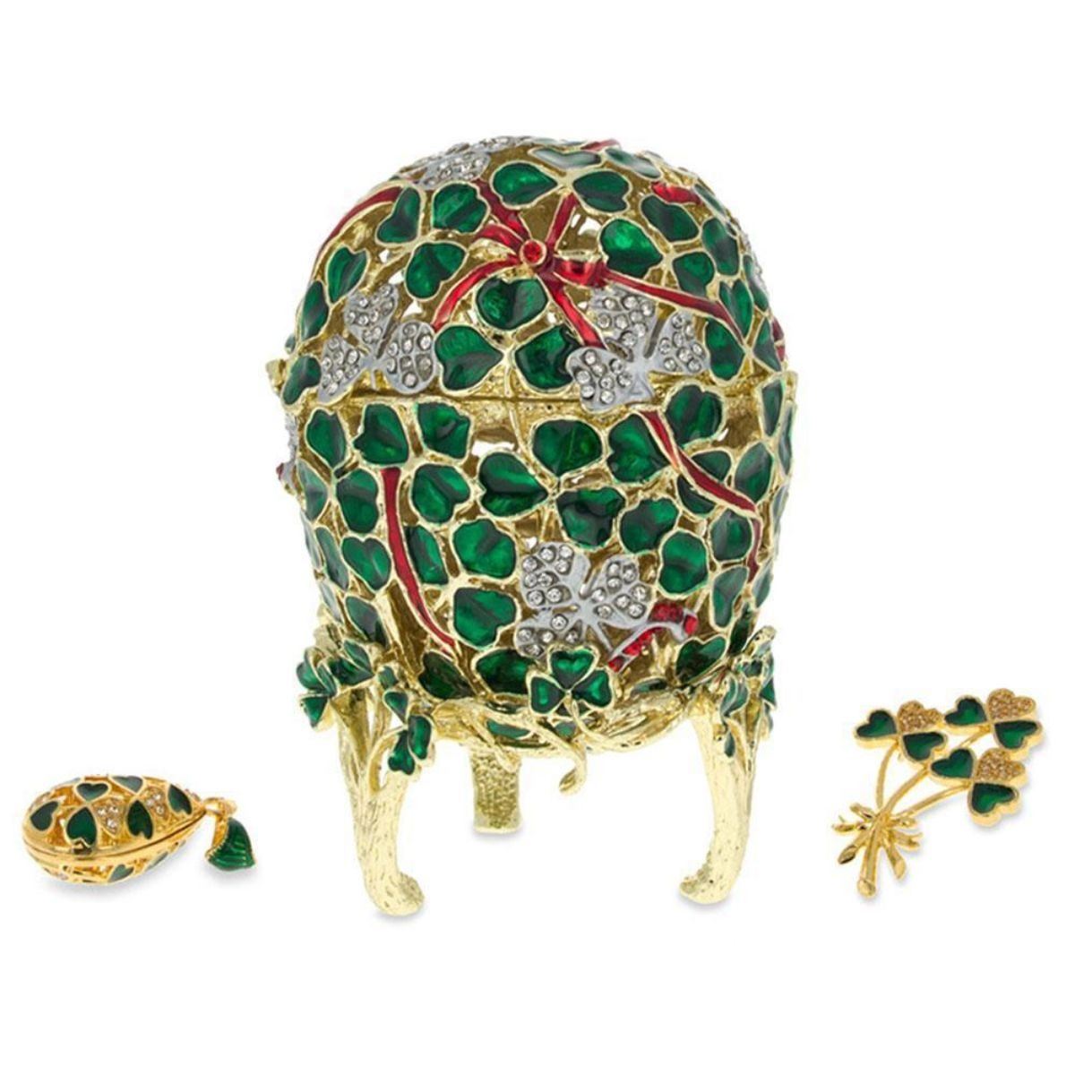 Russian Clover Leaf Egg Trinket Box, Brooch, Pendant Set
