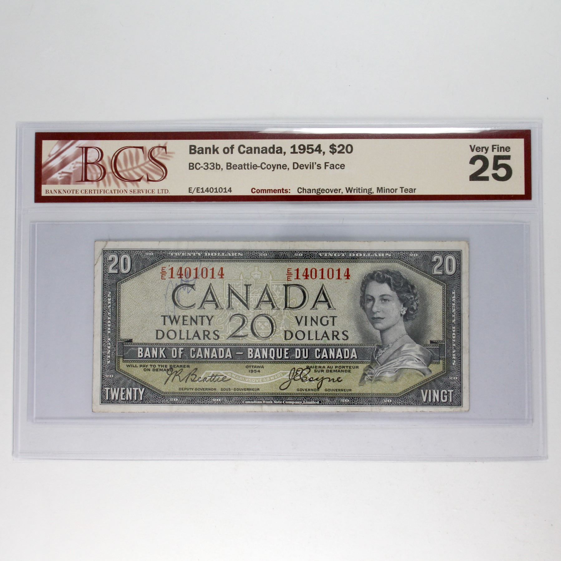 BC-33b, 1954 Canada $20 Beattie-Coyne, Devil's Face, E/E, BCS Certified Banknote in VF-25 Condition