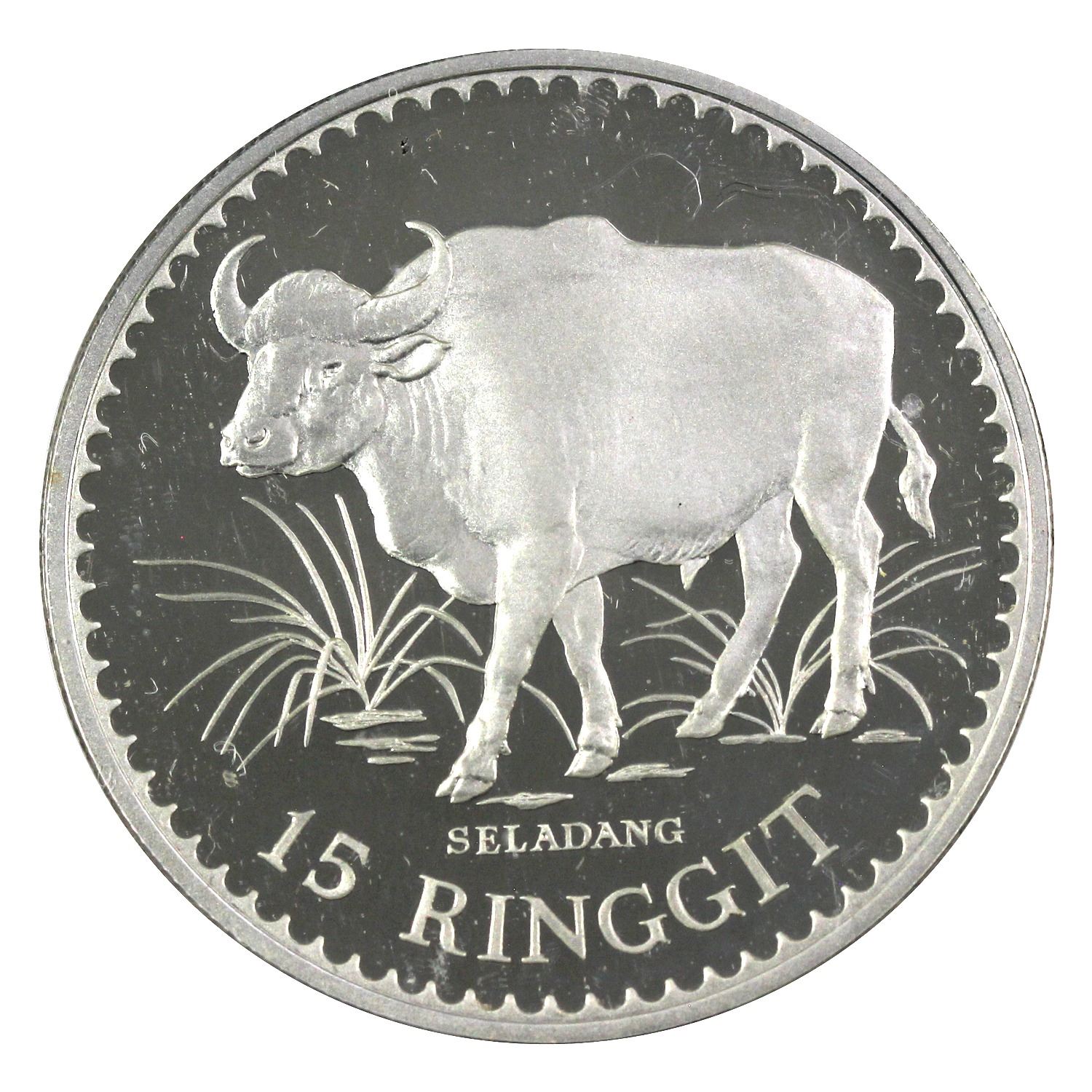 1977 Malaysia 15 Ringgit, Malaysian Gaur .925 Proof Silver Coin ...