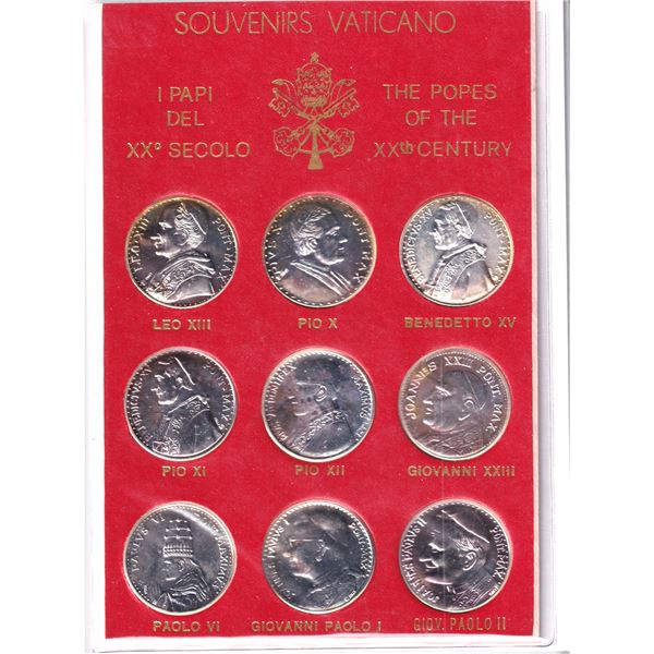 Circa 1939 Vatican City The Popes of the 20th Century 9-Piece Set of Silver Plated Bronze Medallions