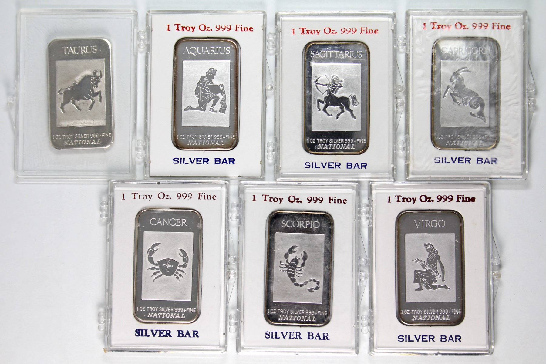 7x National Mint Zodiac Art Bar series 1oz .999 fine Silver bars. Lot ...