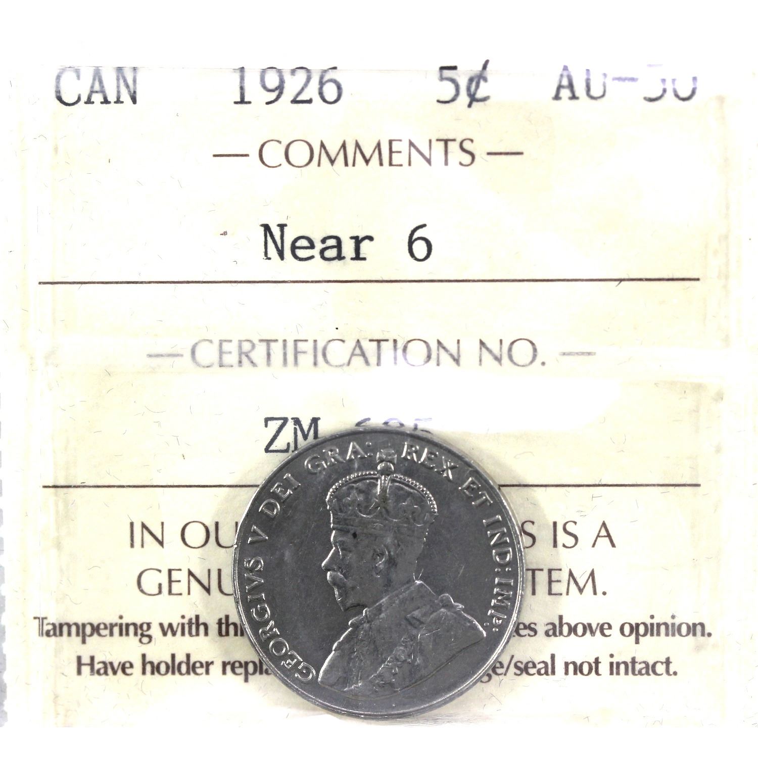 5-cent 1926 Near 6 ICCS Certified AU50.