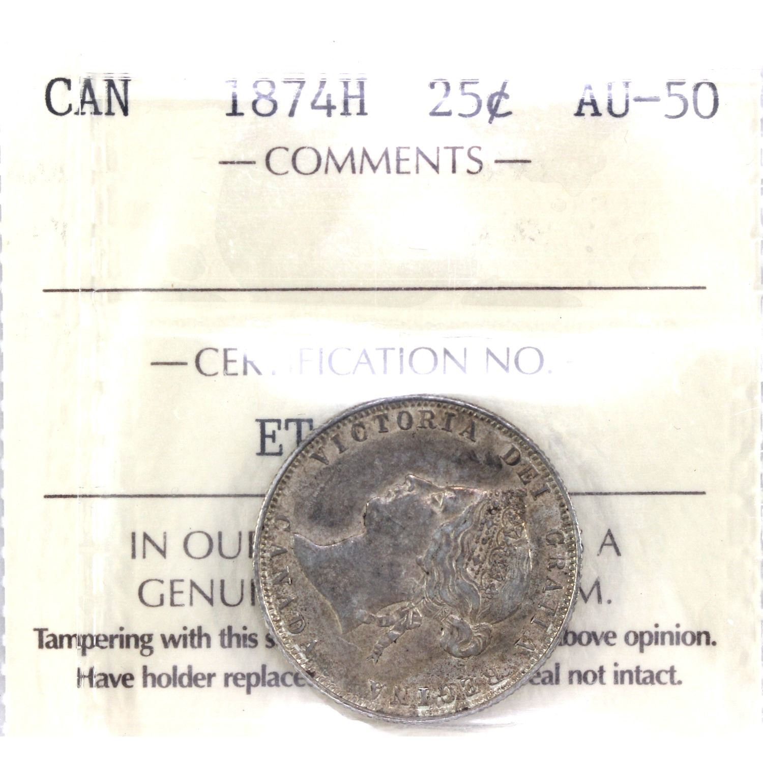 25-cent 1874H ICCS Certified AU50.