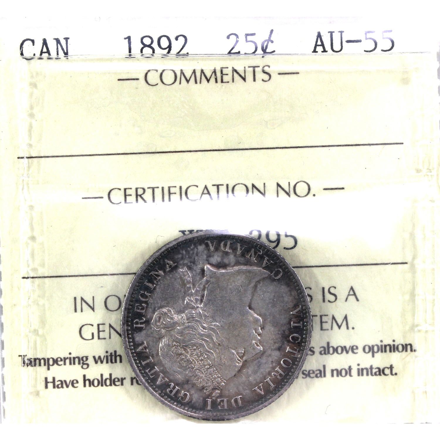 25-cent 1892 ICCS Certified AU55! Choice attractive toning with bright lit centers.