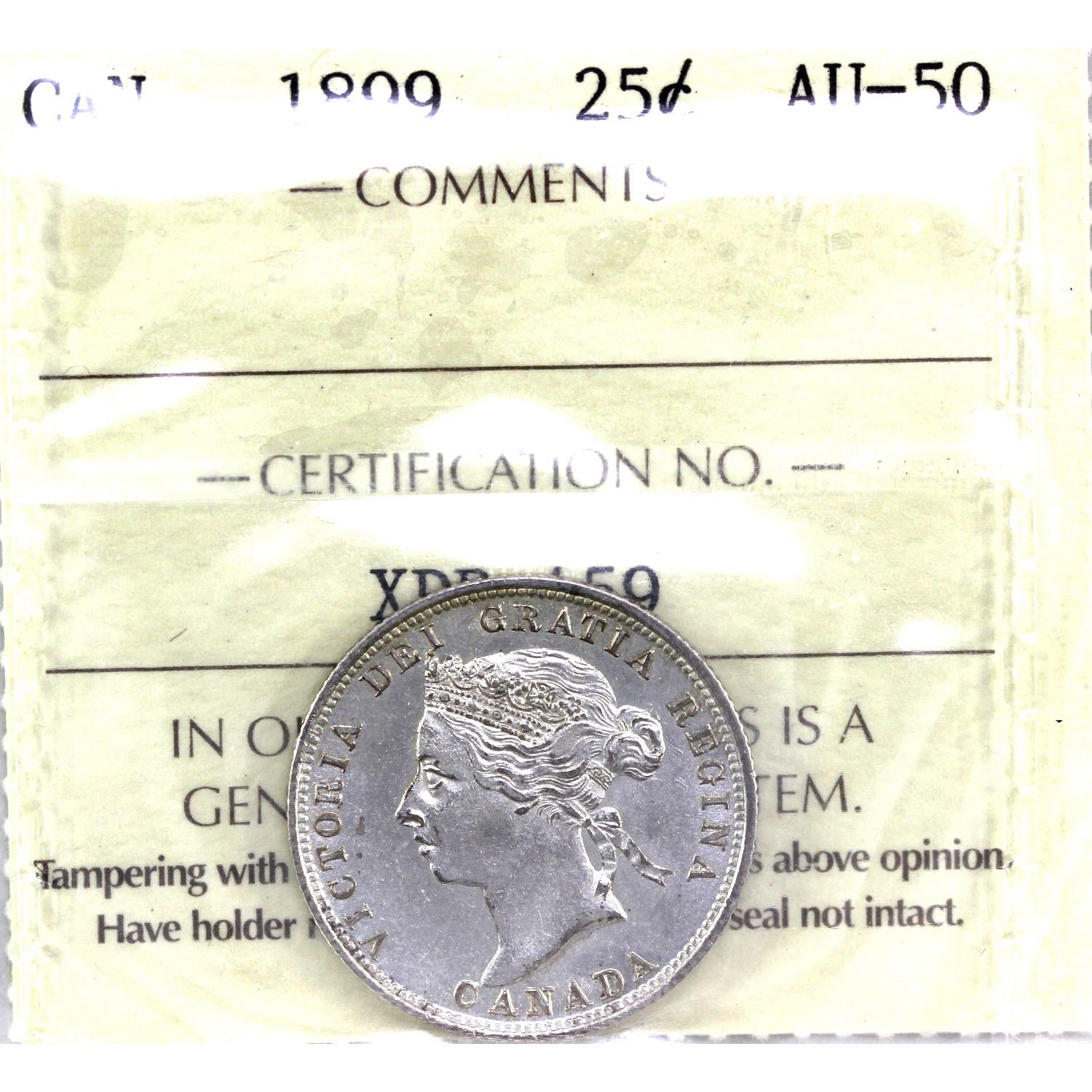 25-cent 1899 ICCS Certified AU50. Great Strike details.