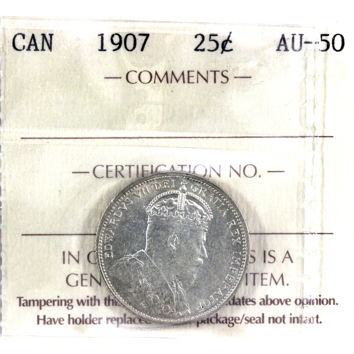 25-cent 1907 ICCS Certified AU50