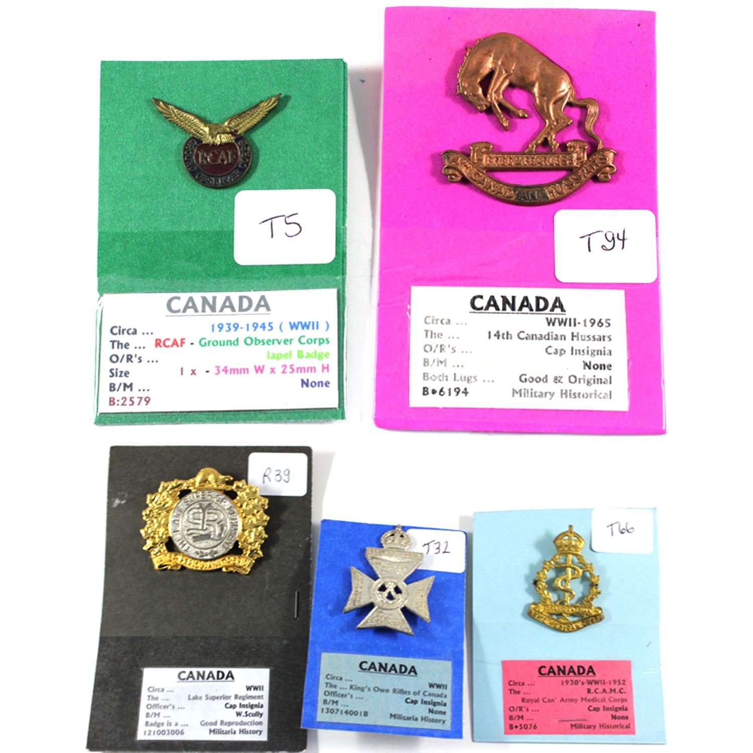 Lot of 5x Canada WWII Era Pins. Includes RCAF Ground Observer Corps ...