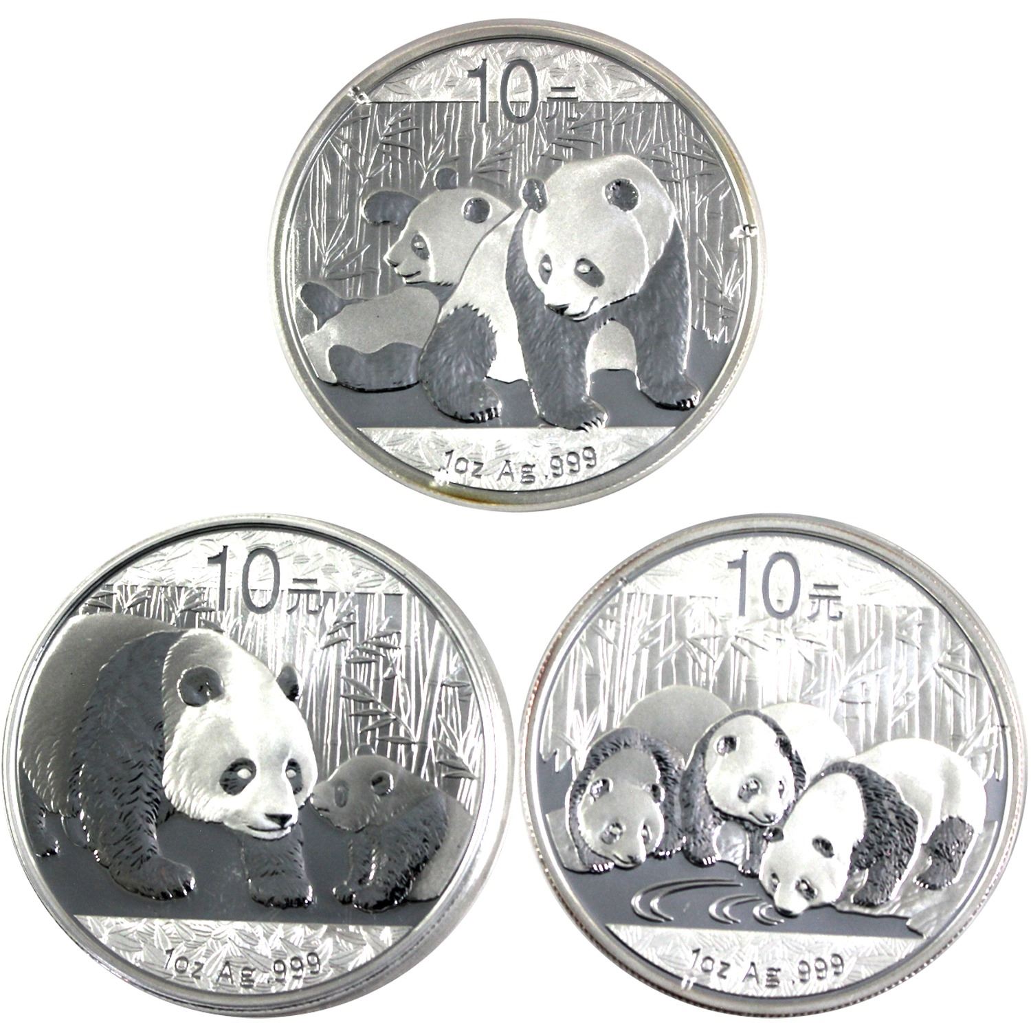 2010, 2011 & 2013 China 1oz .999 Fine Silver Pandas. 3pcs (Tax Exempt)