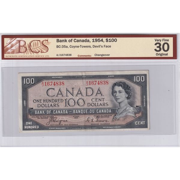 BC-35a 1954 Bank of Canada $100, Coyne-Towers, Devil's Face Changeover, BCS Certified VF-30 Original