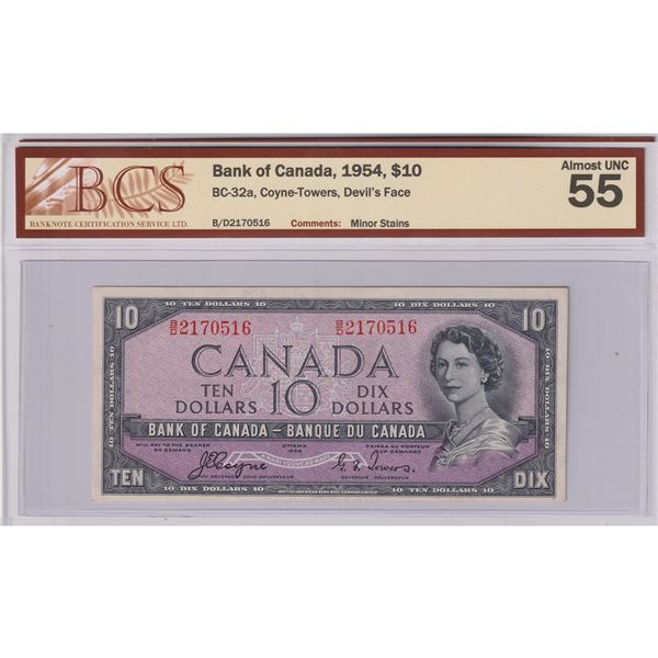 BC-32a 1954 Canada $10, Coyne-Towers, Devil's Face, B/D2170516, BCS Certified AU-55.