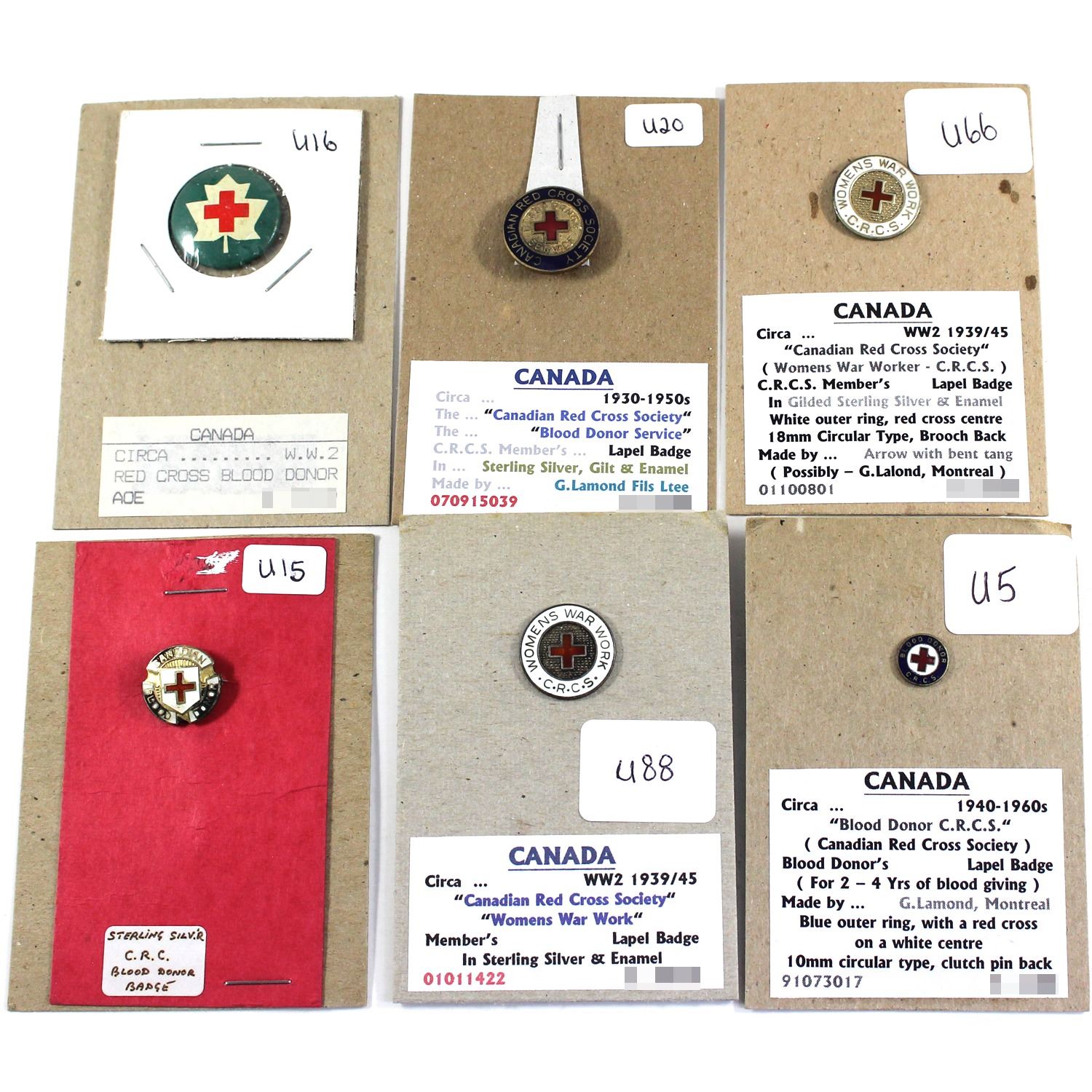 6x Canada Red Cross Pins. Includes 1940-1960s Blood Donor CRCS pin, 2x ...