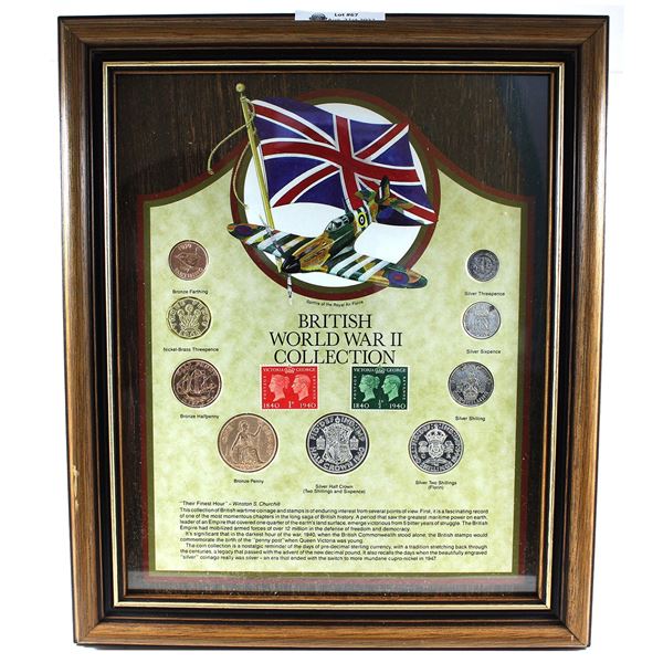 *British World War II Collection 9-coin Set in Wooden Frame with 2 Stamps.