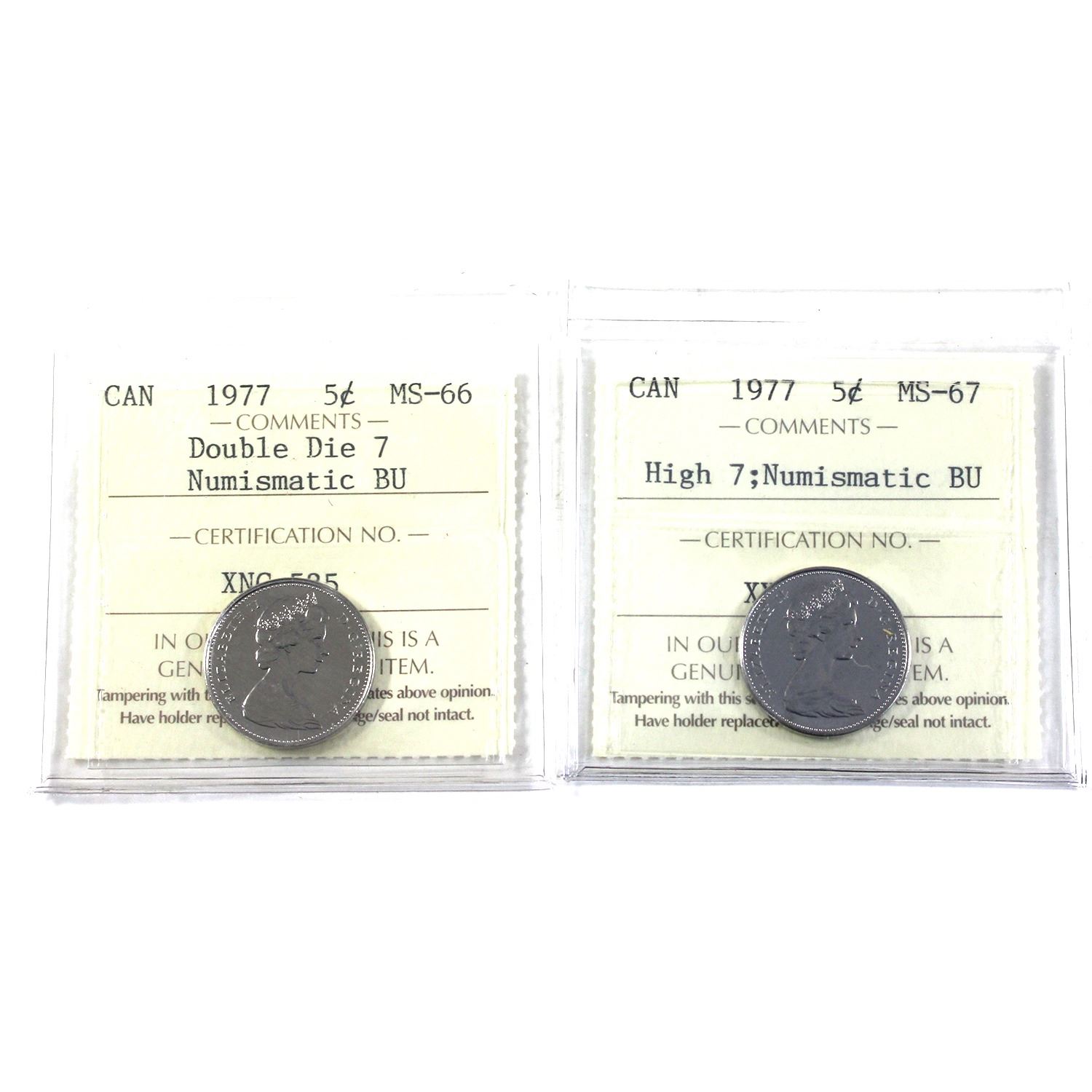 1977 High 7 & 1977 Double Die 7 Canada 5-cent, Both Numismatic BU ICCS ...