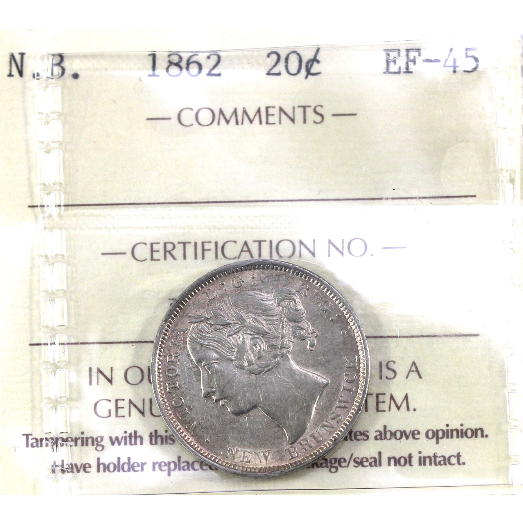 New Brunswick 20-cent 1862 ICCS Certified EF45. Great eye appeal, with plenty of original mint luste