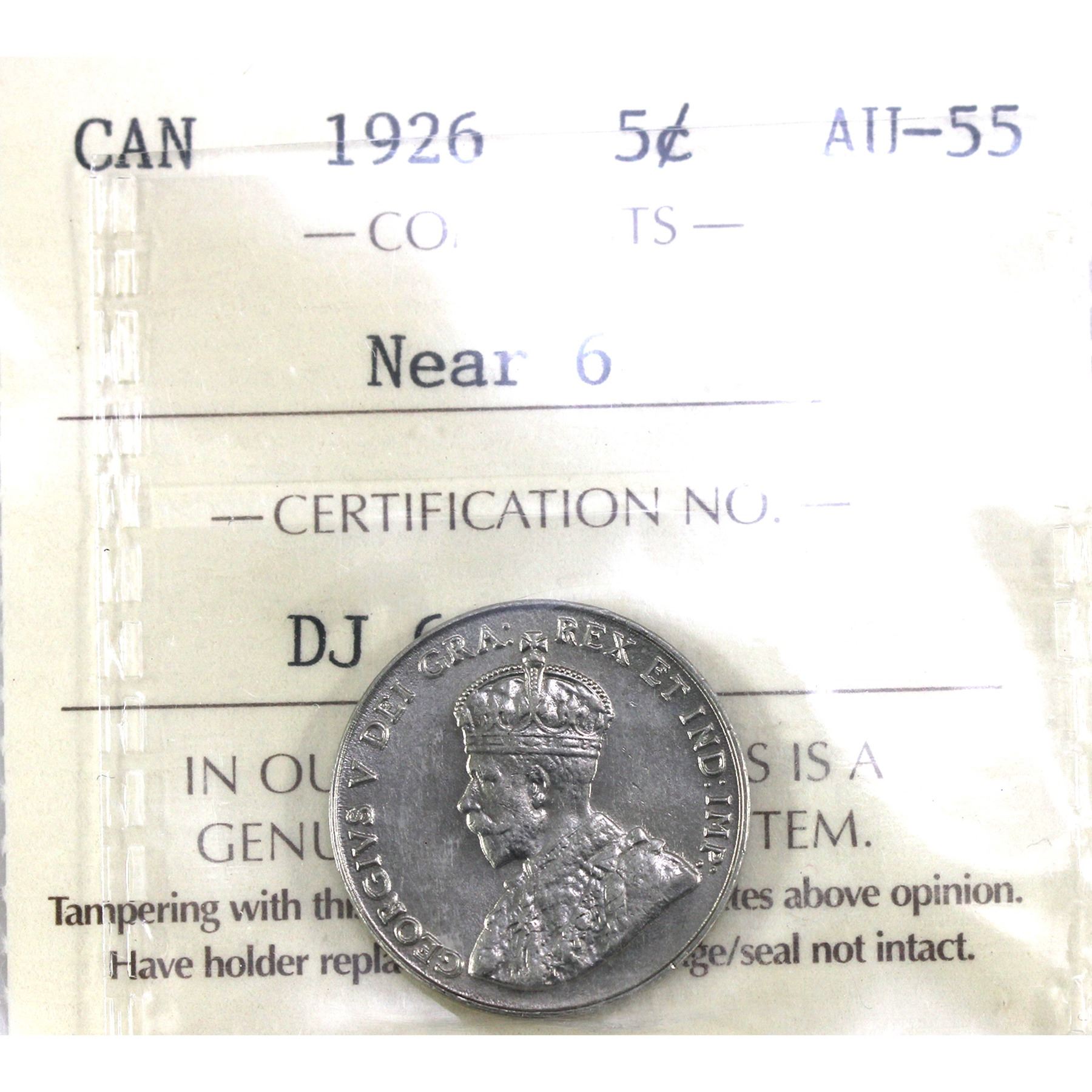 5-cent 1926 Near 6 ICCS Certified AU55