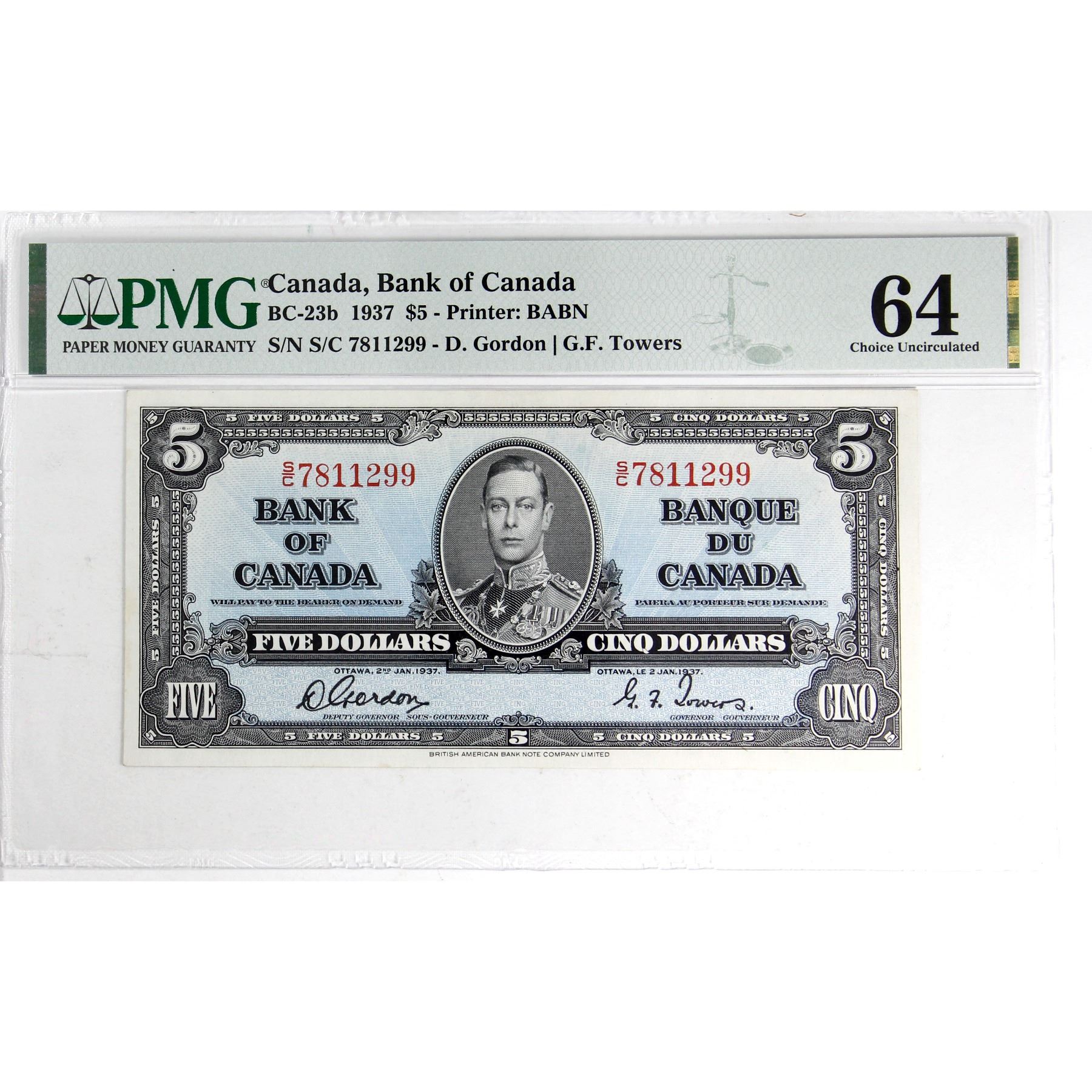 BC-23b 1937 $5 PMG Choice UNC64 Gordon-Towers S/N: S/C7811299