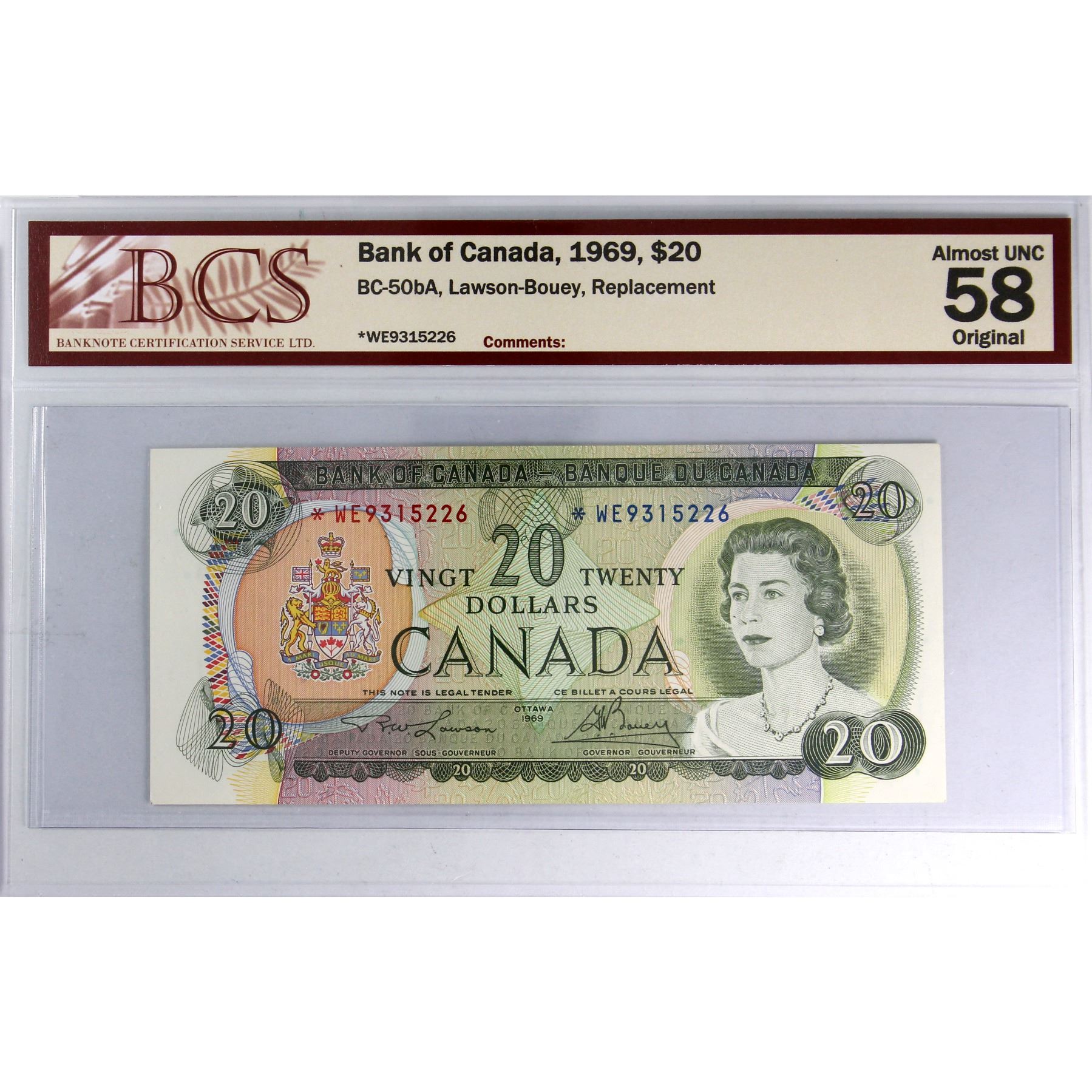 BC-50bA 1969 $20 *WE BCS Choice AU58 Original Replacement Lawson-Bouey S/N: *WE9315226