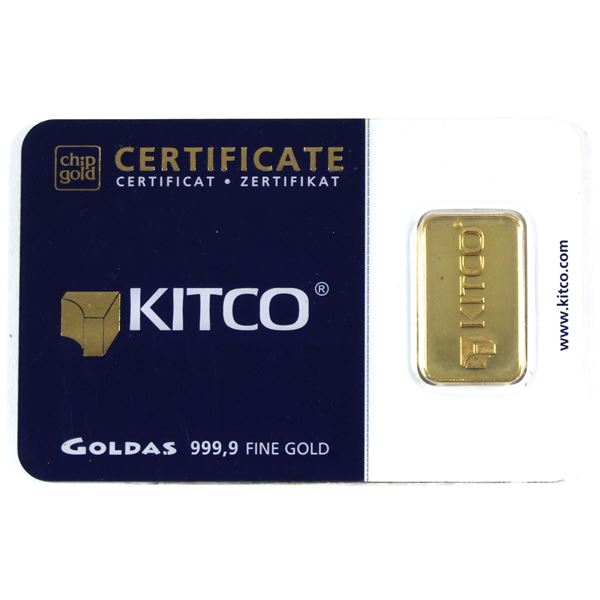 Kitco 10 Gram .9999 Fine Gold Bar in Hard Plastic Certificate. (Tax Exempt)
