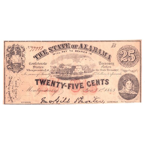 Alabama 25-cents 1863 Confederate treasury note