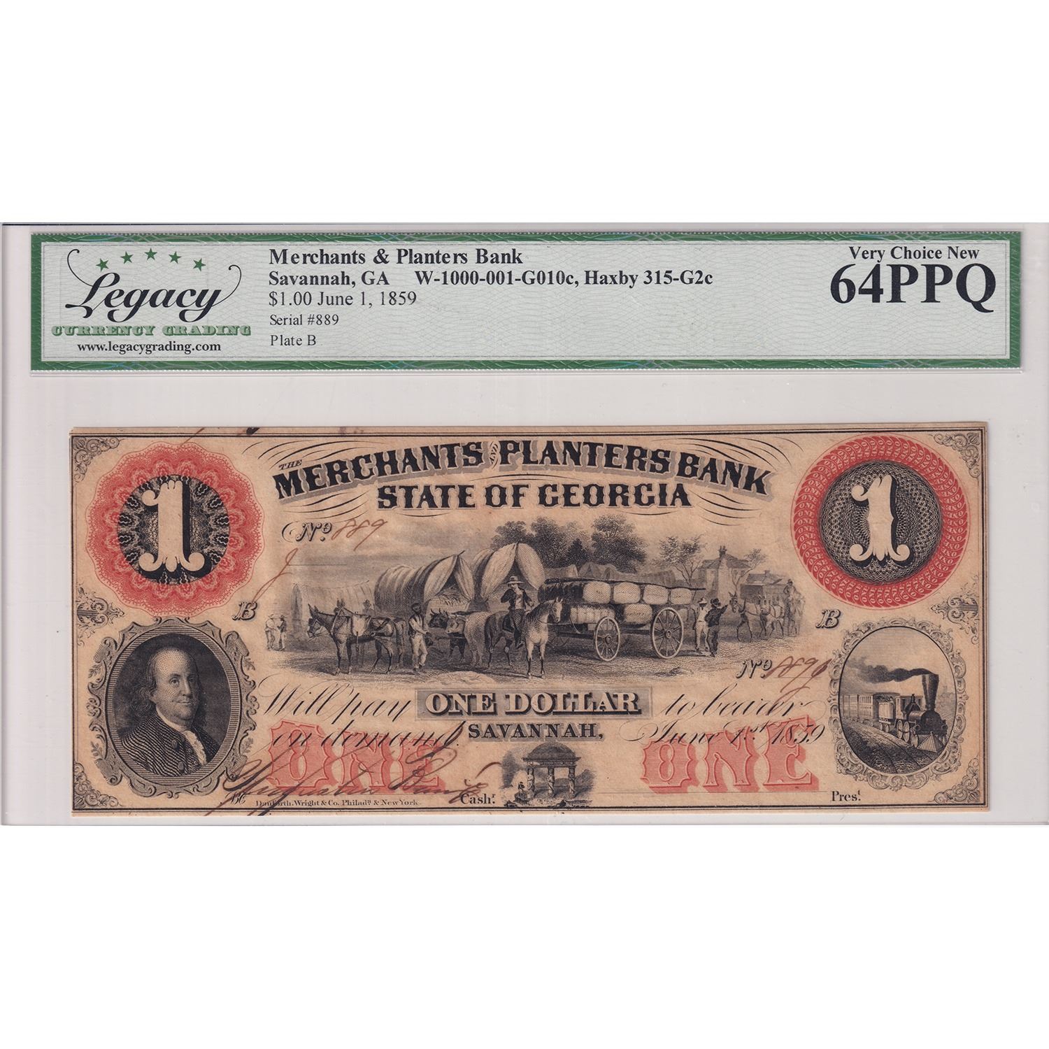 1859 USA Savannah, Georgia Merchants & Planters Bank $1 Note, Legacy ...