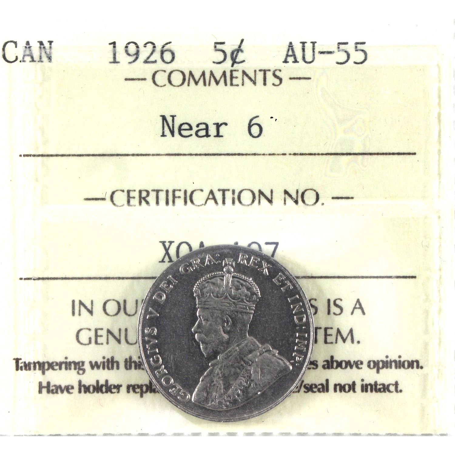 1926 Canada 5-cent Near 6, ICCS Certified AU55! A great coin for someone looking to upgrade!