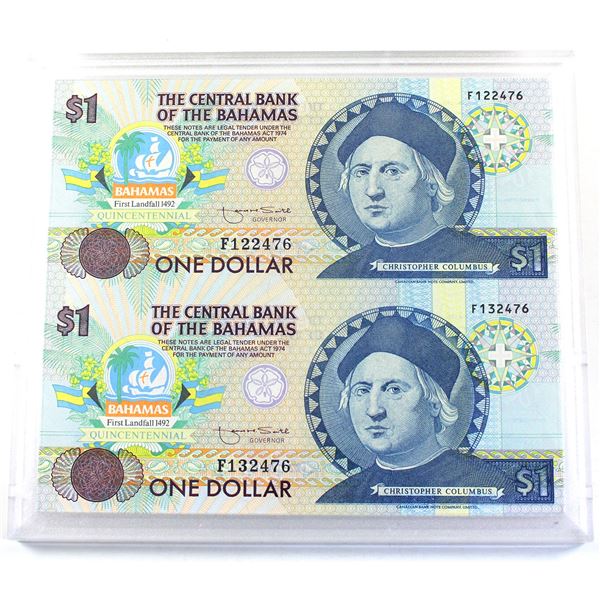 1992 Bahamas $1 Quincentennial Banknote, Uncut Set of Two Notes. SN ...