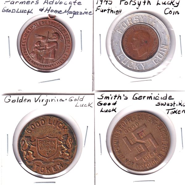Lot of 4x Assorted Good Luck Tokens. Includes Smith's Germicide ...