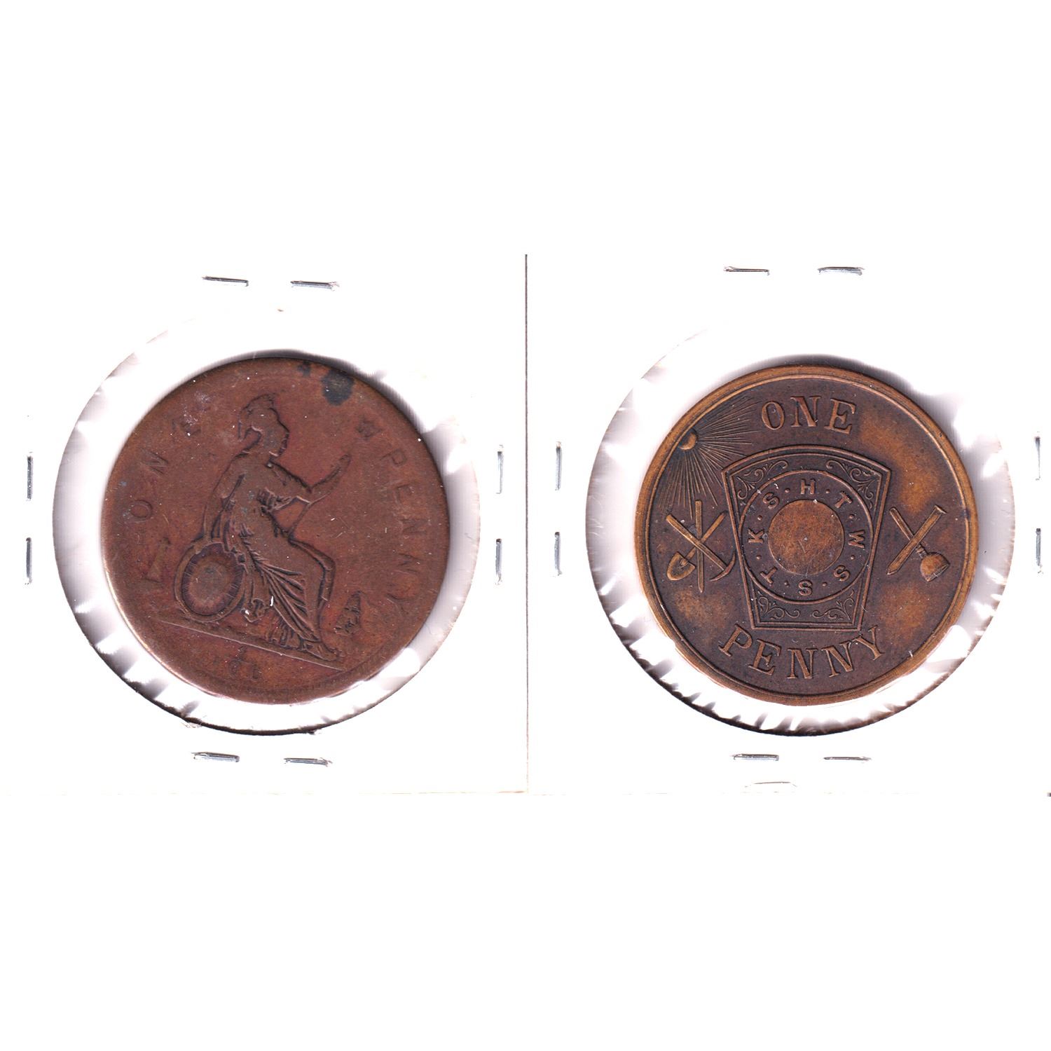 Lot of 2x Masonic One Penny Tokens. Includes 1877 GRC Chapter 77, and ...