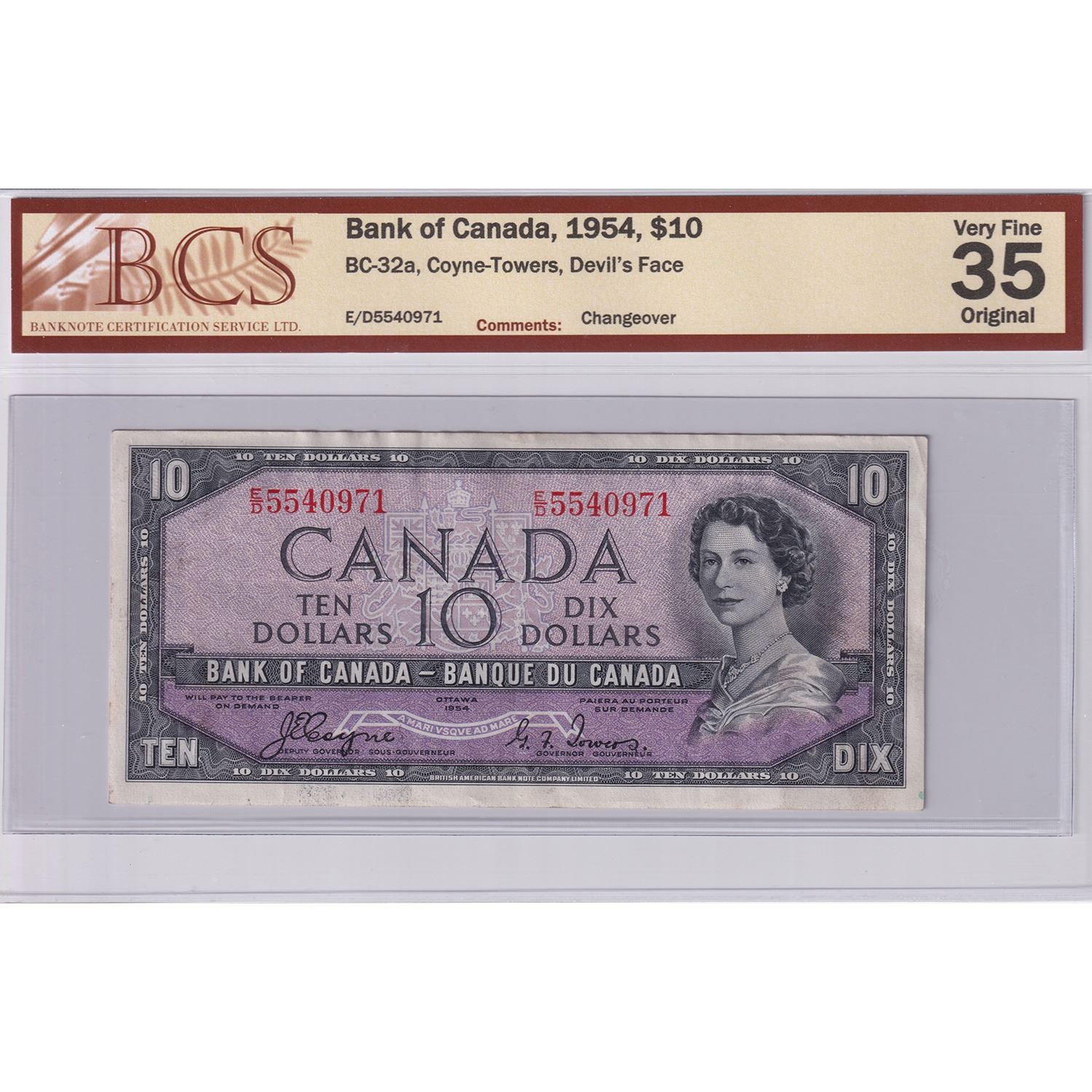 BC-32a 1954 $10 BCS Certified VF-35 Original, Devil's Face, Changeover, E/D5540971