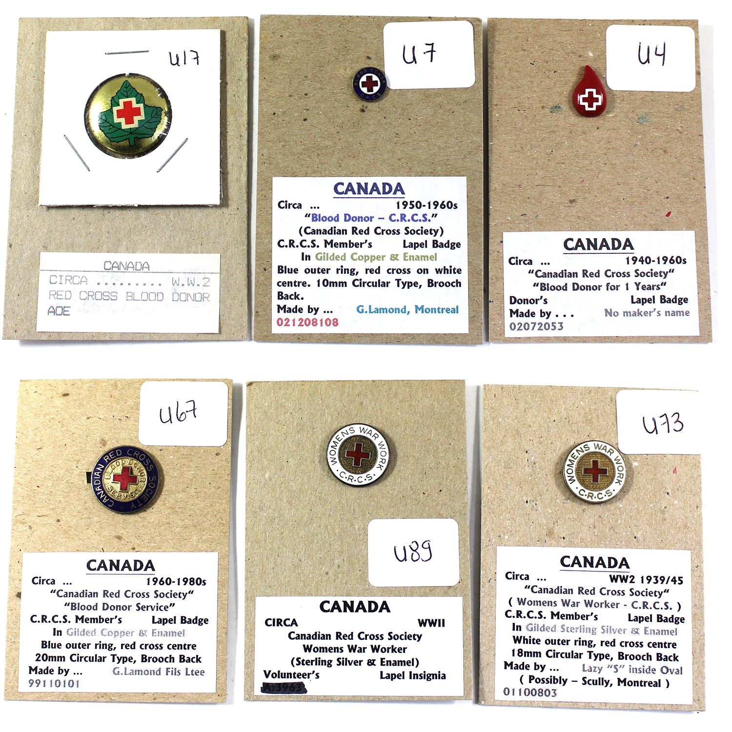 Lot of 6x Canada Red Cross Society Pins. Includes Blood Donor Brass pin ...