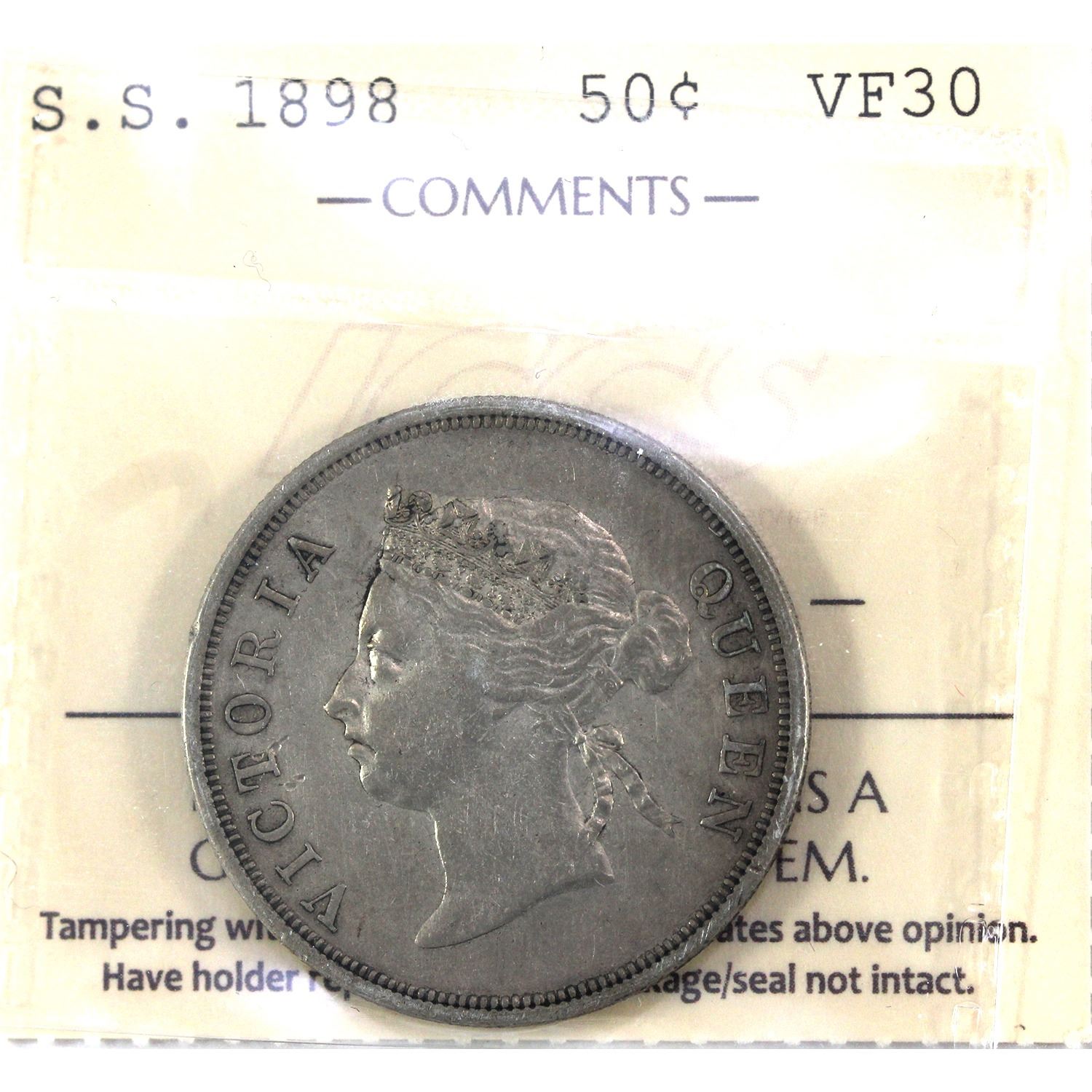 Straits Settlements 1898 Silver 50-cent ICCS VF30. Attractive Caramel Lustre Throughout