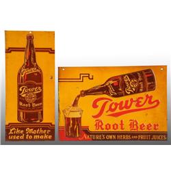 Lot of 2: Embossed Tin Tower Root Beer Signs.