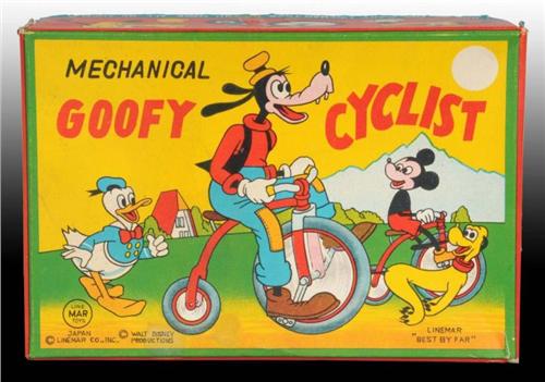 Linemar Disney Mechanical Goofy Cyclist Toy in O/B