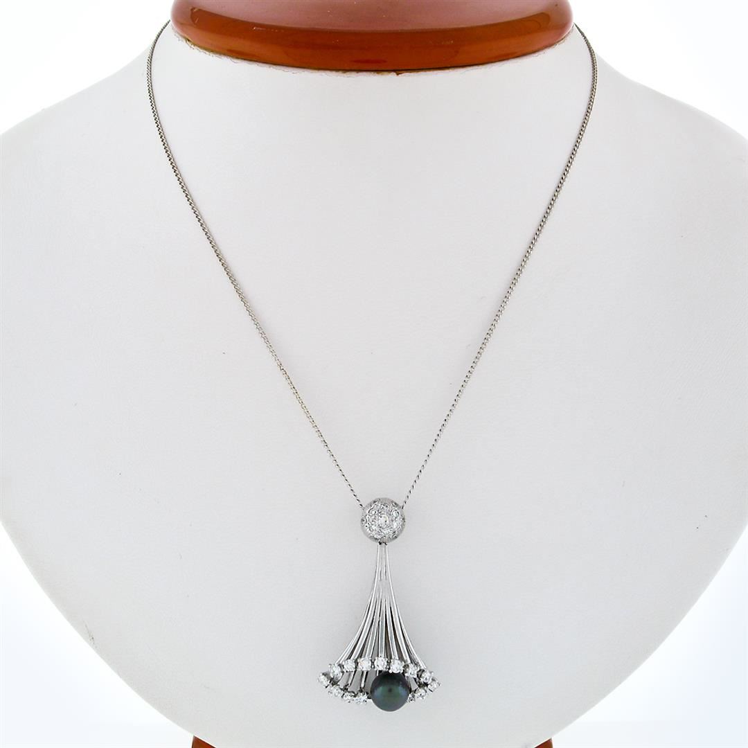 Vintage 14k White Gold 6.64mm Dangling Black Pearl Diamond Bell Pendant ...