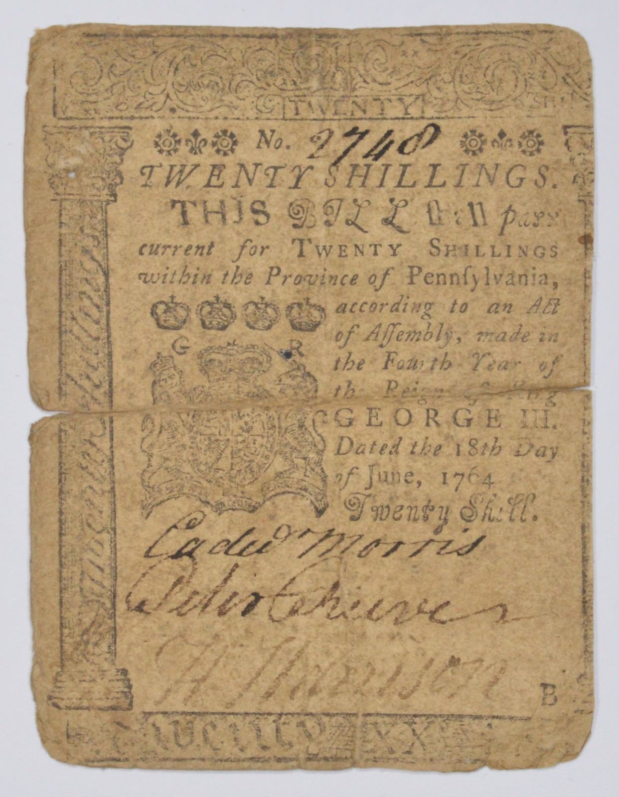 Benjamin Franklin 1764 Colonial Pennsylvania 20 Shillings Note
