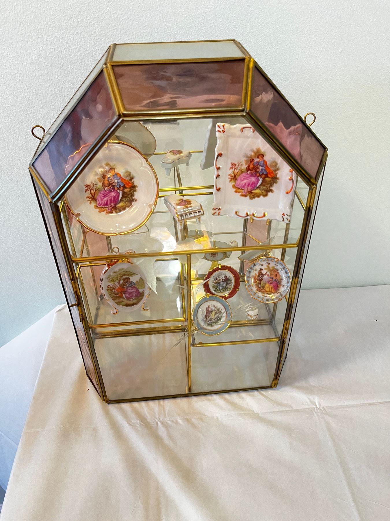 Glass Display case with vintage Limoges miniature porcelain plates and ...