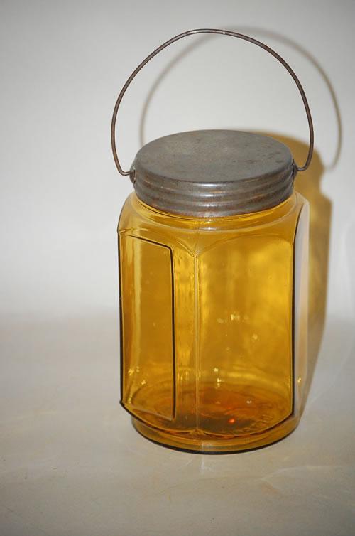 7" AMBER GLASS GLOBE TOBACCO JAR - HEXAGONAL GOLDEN AMBER GL